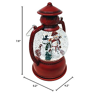 Christmas Decor Lighted Spinning Lantern Snowglobe with Snowman Family Scene, Red, Battery Operated (not included) - 7.6" H x 4.2" W x 5.2" D