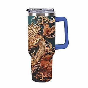 40 Oz Vacuum Tumbler with Deep Blue Handle Leakproof Insulated Tumbler Dragon Chinese Background Stainless Steel Travel Mug with Lid And Straw Coffee Cup Cute Water Bottles Cup Holder Friendly