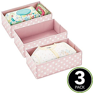 mDesign Fabric Drawer Organizer Bins, Kids/Baby Nursery Dresser, Closet, Shelf, Playroom Organization, Hold Clothes, Toys, Diapers, Bibs, Blankets, 3 Pack - Pink/White Polka Dot