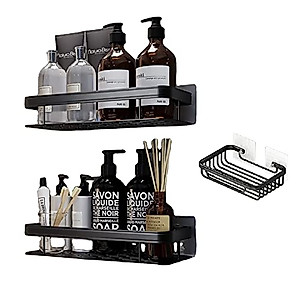 SANTREST Powerful Adhesive Drill Free Shower Caddies Black with Soap Dish