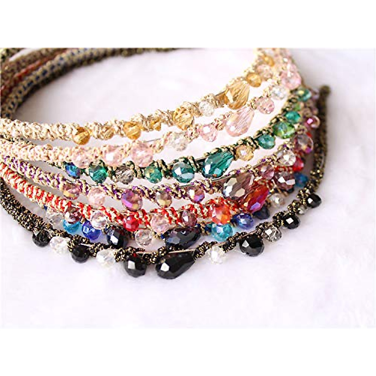 ShungFun 7 Pieces Women Fashion Thin Beads Crystal Headbands Antislip Hair Loop Clasp Glitter Hairbands Elastics Hair Bands for Wedding Hair Accessories (Yellow,Pink,Red,Green,Purple,Black and