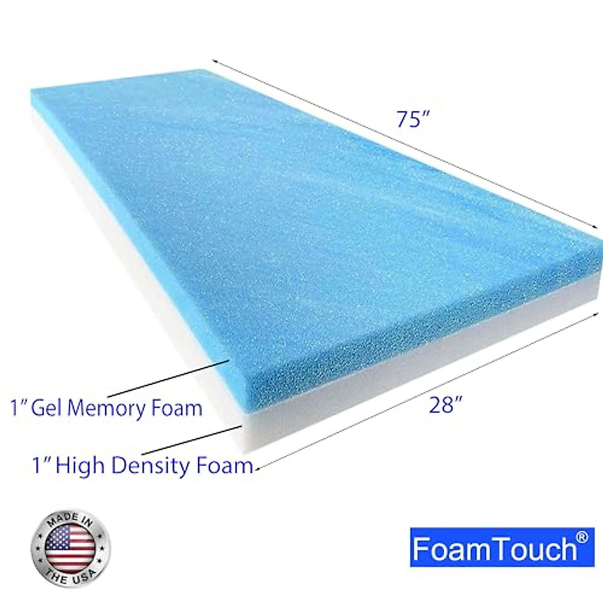 FoamTouch 2" Height x 28" Width x 75" Length Camper/RV bunk Mattress with Gel Memory Foam -No Cover