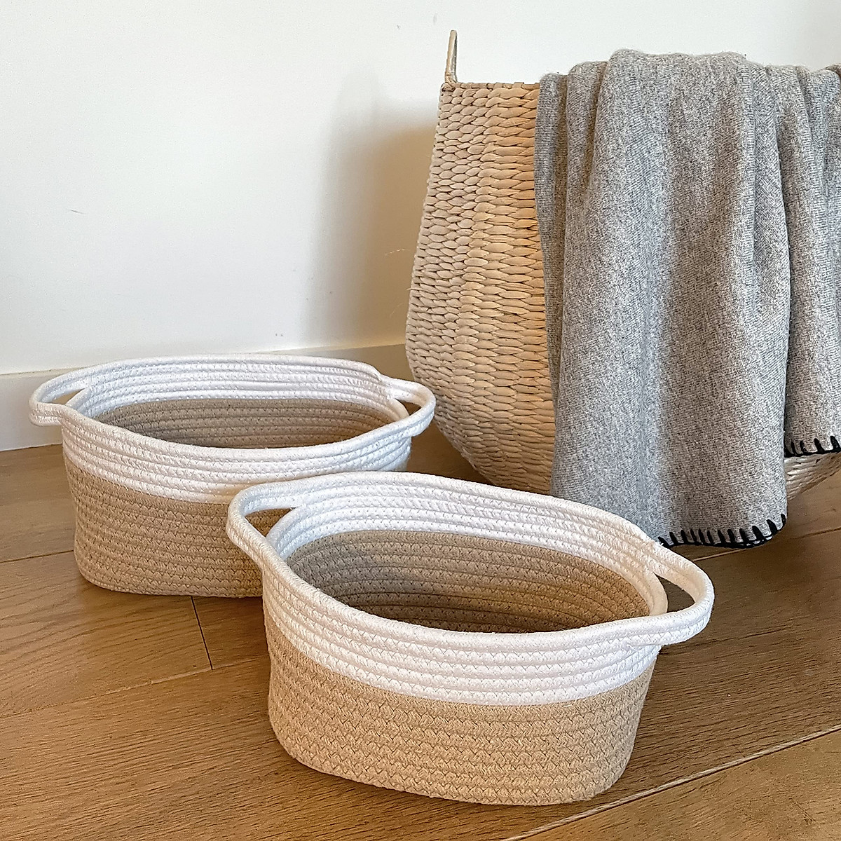 Levtex Baby Collection - Beige and White Rope Storage Baskets (Pack of 2) - Nursery Accessories - Measurements: (9.8 x 8 x in.), & (12 x 8 x 6.5in.)
