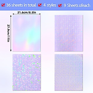 36 Sheets Holographic Sticker Paper, Transparent Holographic Vinyl Laminate Film, Clear Overlay Lamination Sticker Paper Self Adhesive Waterproof - Gem, Dot, Colorful, Star Patterns/8.5x11 inch