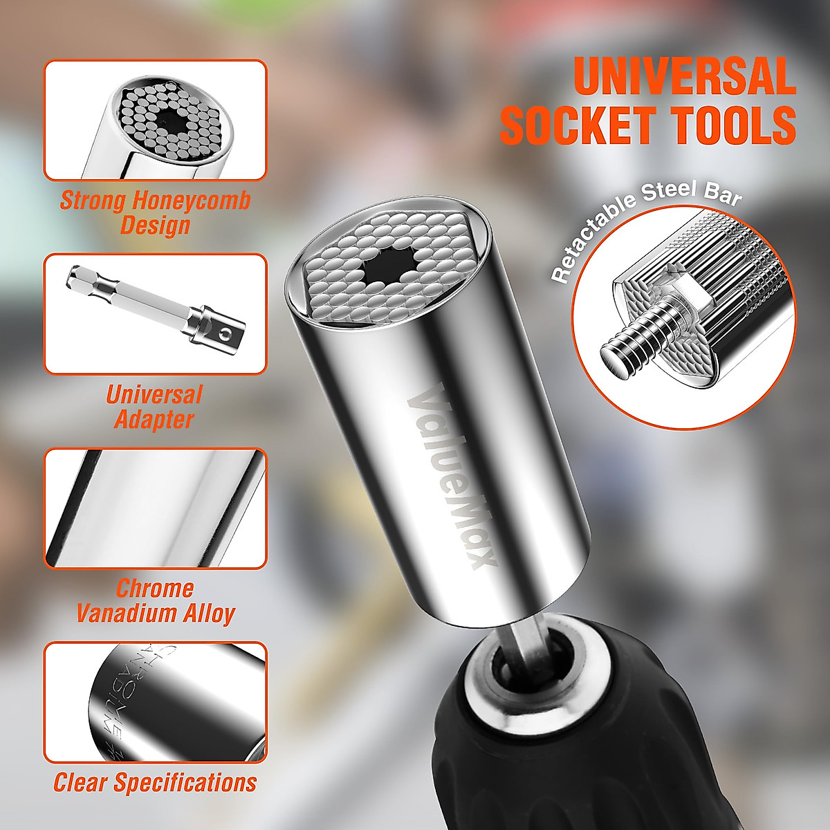 VALUEMAX 4 PCS Super Universal Socket Tools Gifts for Men, Christmas Stocking Stuffers for Father, Birthday Gifts, Cool Stuff Gadgets for Dad, Boyfriend, Power Drill Adapter (7-19 MM)