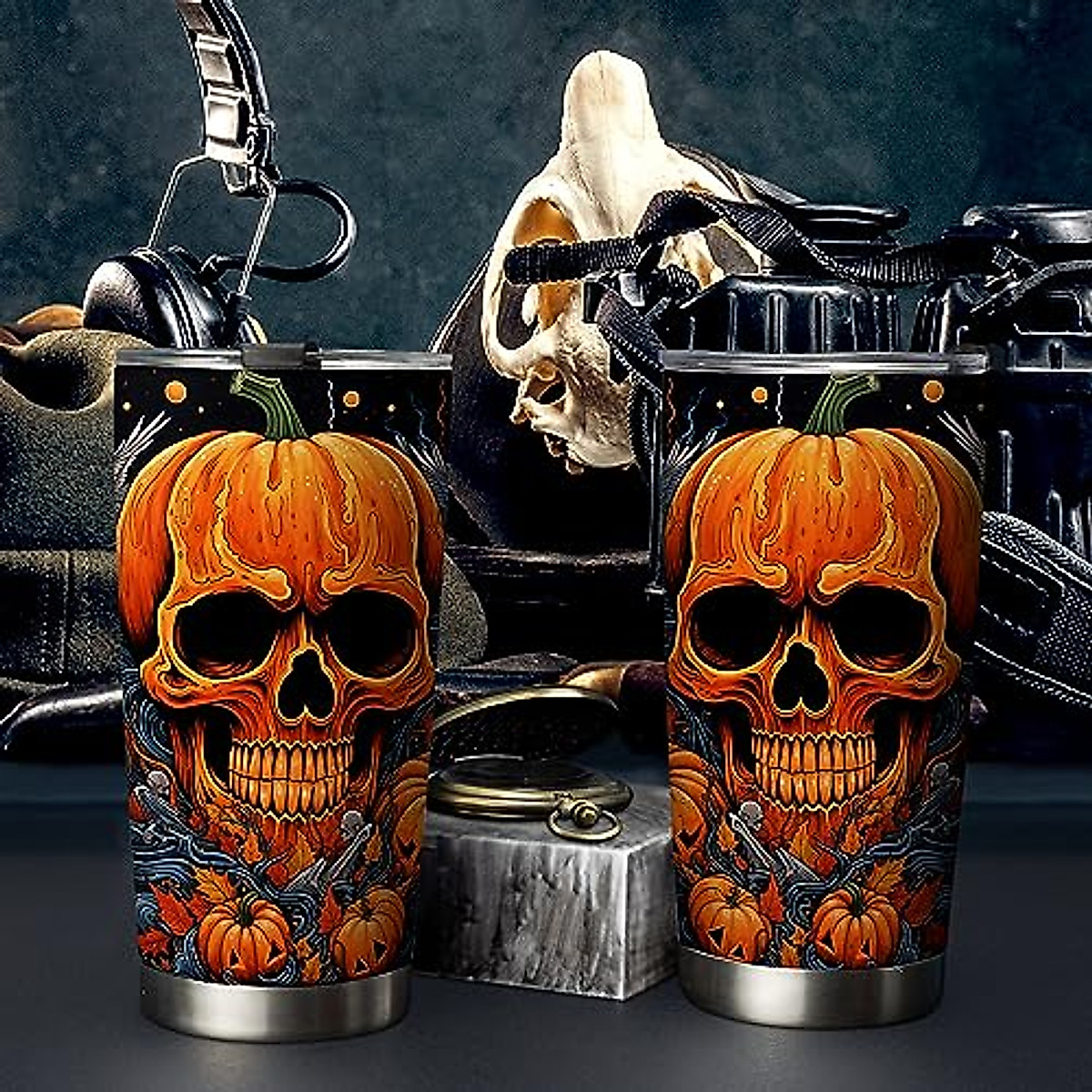 ORCAE 20oz Halloween Tumbler, Skull Tumbler, Halloween Pumpkin Skull Tumbler Cup, Insulated Travel Mug with Lid, Coffee Thermos for Men, Women, Halloween Gifts - D