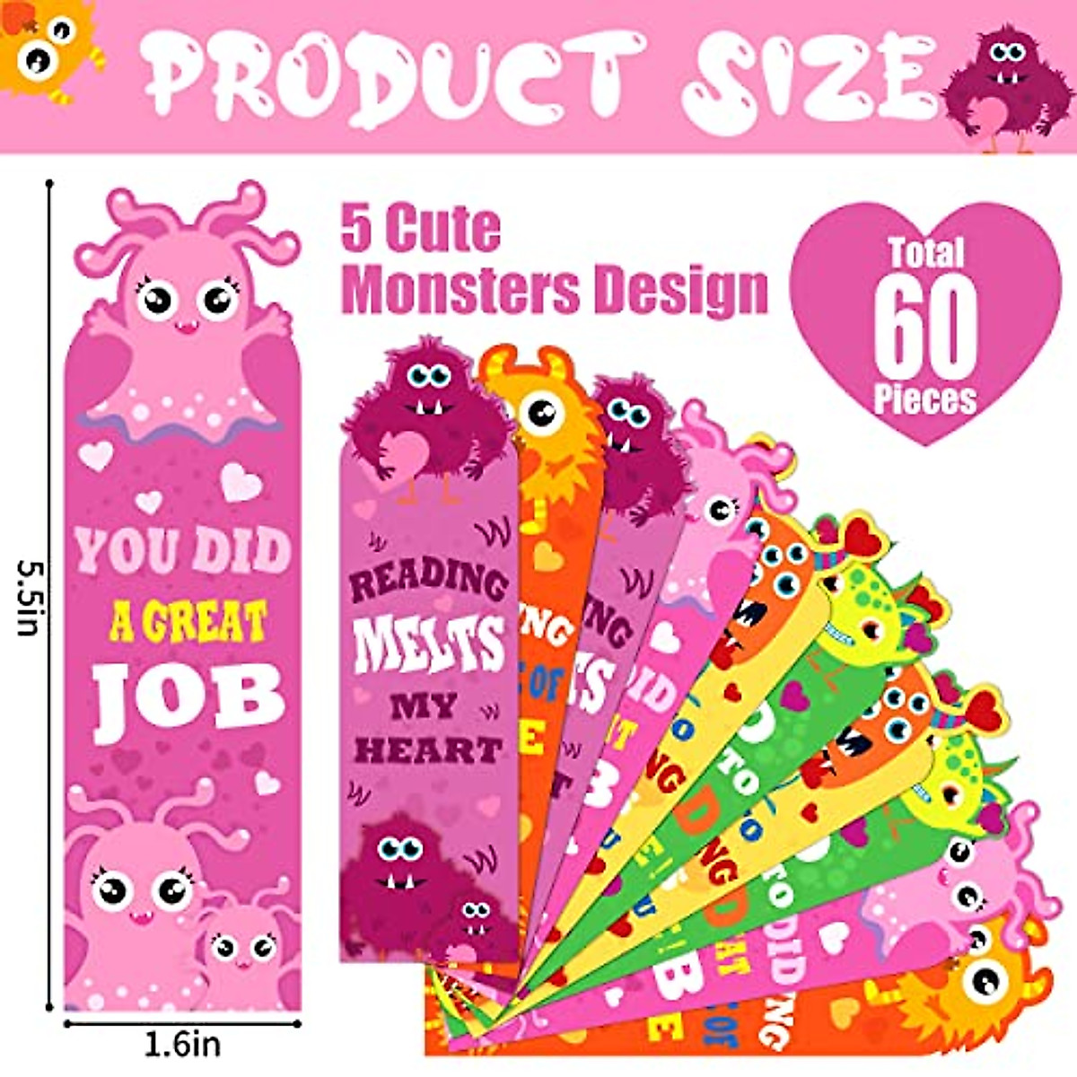 algpty 60 Pieces Cute Monster Bookmarks Bulk for Kids Saying Bookmarks for Girls and Boys Bookmarks for Teachers Students School Classroom Kids Party Favors Birthday Gifts for Kids Girls