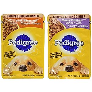 Pedigree Chopped Ground Dinner 8 Pouch Variety Hearty Chicken and Beef, Bacon, and Cheese Flavors, 4 Each