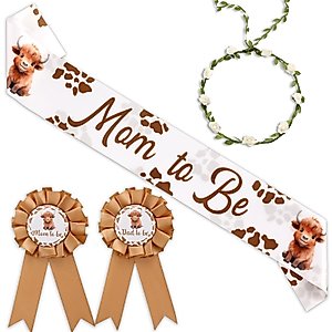 Serencatcher Highland Cow Mom to Be Sash, Highland Cow Baby Shower Favors Include Brown Mom Dad to Be Pin Sash Flower Crown Headband for Western Cowgirl Cowboy Gender Reveals Party Pregnancy Props