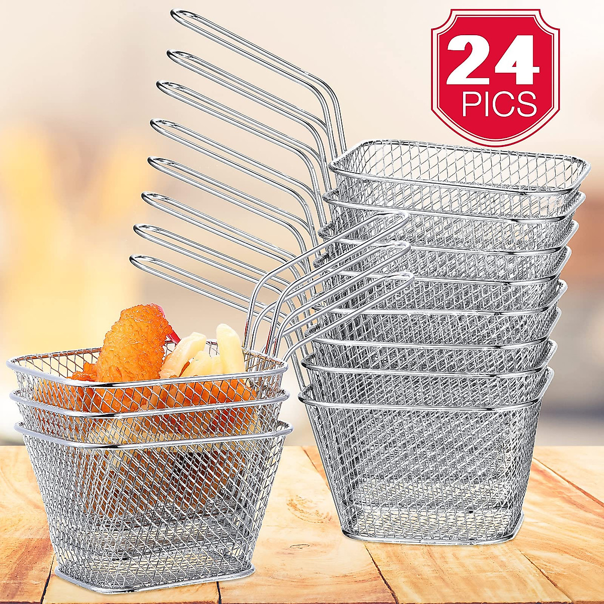 24 Pcs Mini Square Fry Basket Stainless Steel French Fries Holder Deep Fryer Baskets Only Square Mesh Food Basket with Handles Small Serving Basket for Kitchen Restaurant Cafe Barbecue (Silver)