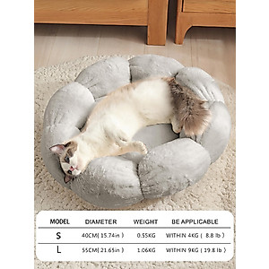 QWINEE Flower Shaped Cat Dog Bed Cat Bed Warm Soft Plush Warm Winter Nest Round Washable Non-Slip Pet Bed for Small Medium Dog Puppy Kitten Kitty Sleeping Grey S