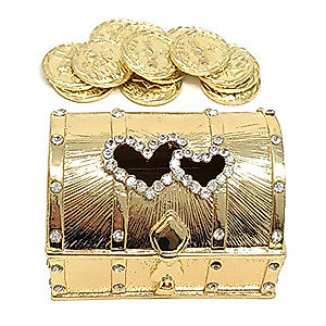 Wedding Unity Coin Set - Arras de Boda - Double Heart Box with Decorative Rhinestone Crystals 68 (Gold)