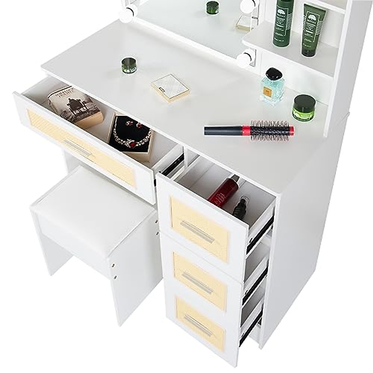 JBLCC Makeup Vanity Table with Lighted Mirror,Large Vanity Desk Set with Shelves, Dresser Desk and Cushioned Stool Set White (3076)