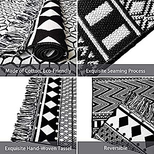Upgraded Boho Bathroom Rug 2'x3', 100% Woven Geometric Rug for Bedroom Black and White Rug Bohemian Bath Mat, Kitchen Rug Washable Cotton Small Throw Rug, Tassel Rug for Kitchen/Laundry/Doorway/Porch