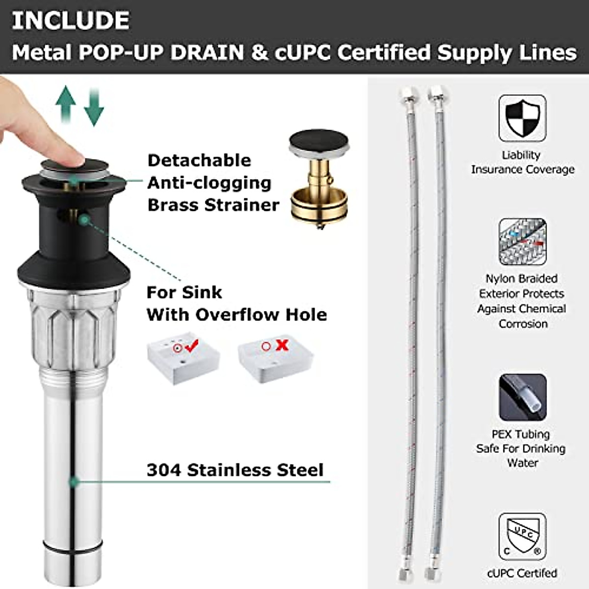 PARLOS Double-Handle Lavatory Faucet with Metal Drain Assembly and Supply Hose Lead-Free cUPC Bathroom Faucet Mixer Two-Handle Lavatory Vanity Utility Laundry Faucet Oil Rubbed Bronze, 13592