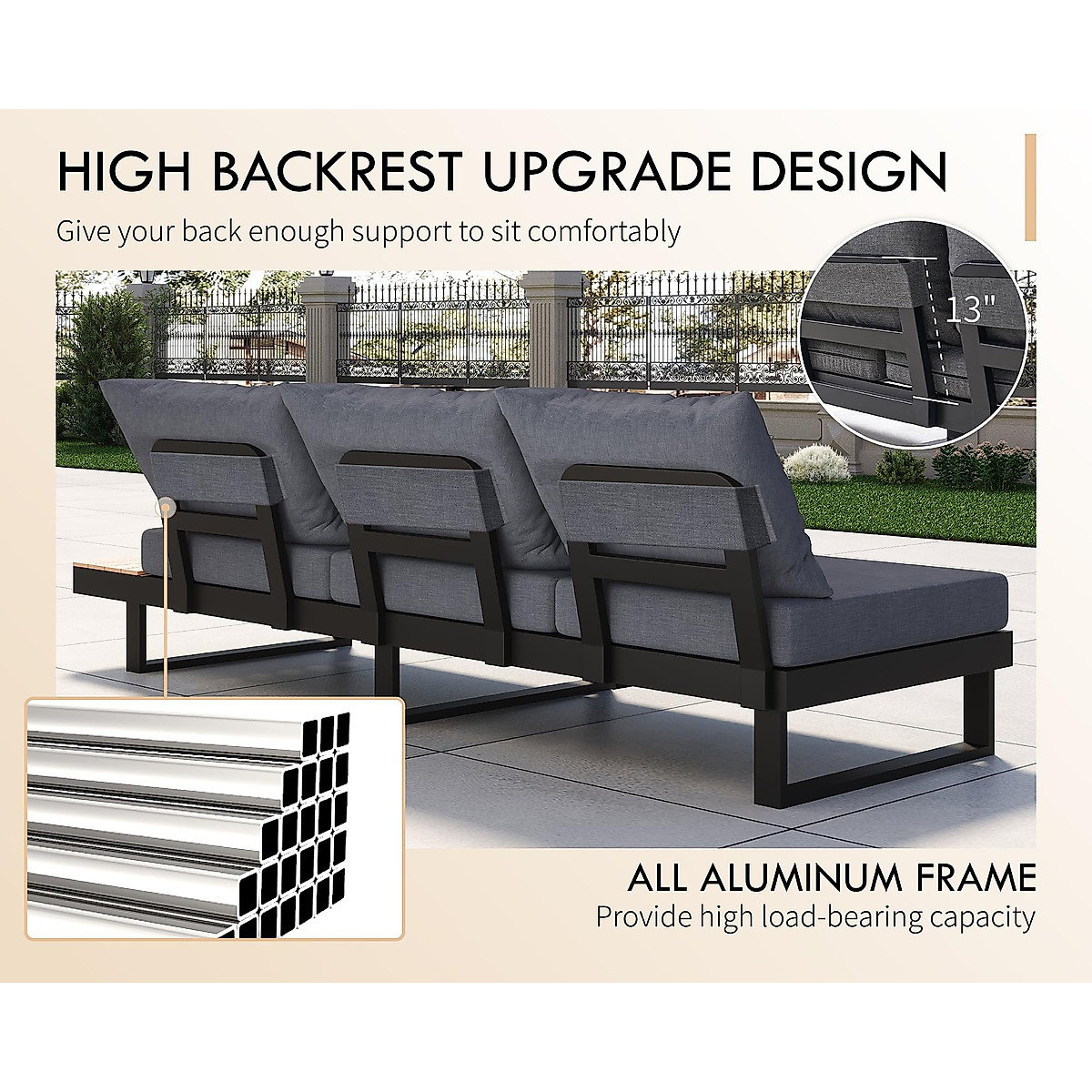 PaPaJet Aluminum Patio Conversation Set with Backrest, 3 Piece 3 Seat Modern Outdoor Furniture Set with Wood Grain Plastic Top Side Table for Backyard Porch, Gray