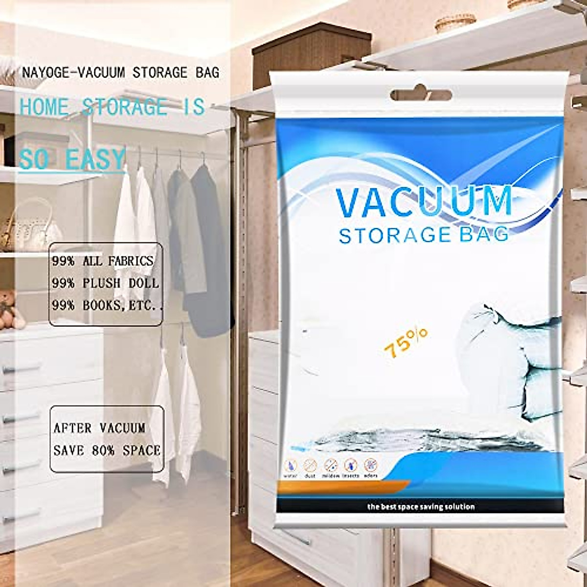 Nayoge Space Saver Vacuum Storage Bags Vacuum Sealed for Clothes,Comforters and Blanketes with Hand Pump,80% More Storage,Variety（Include 3D Bags）Pack of 6