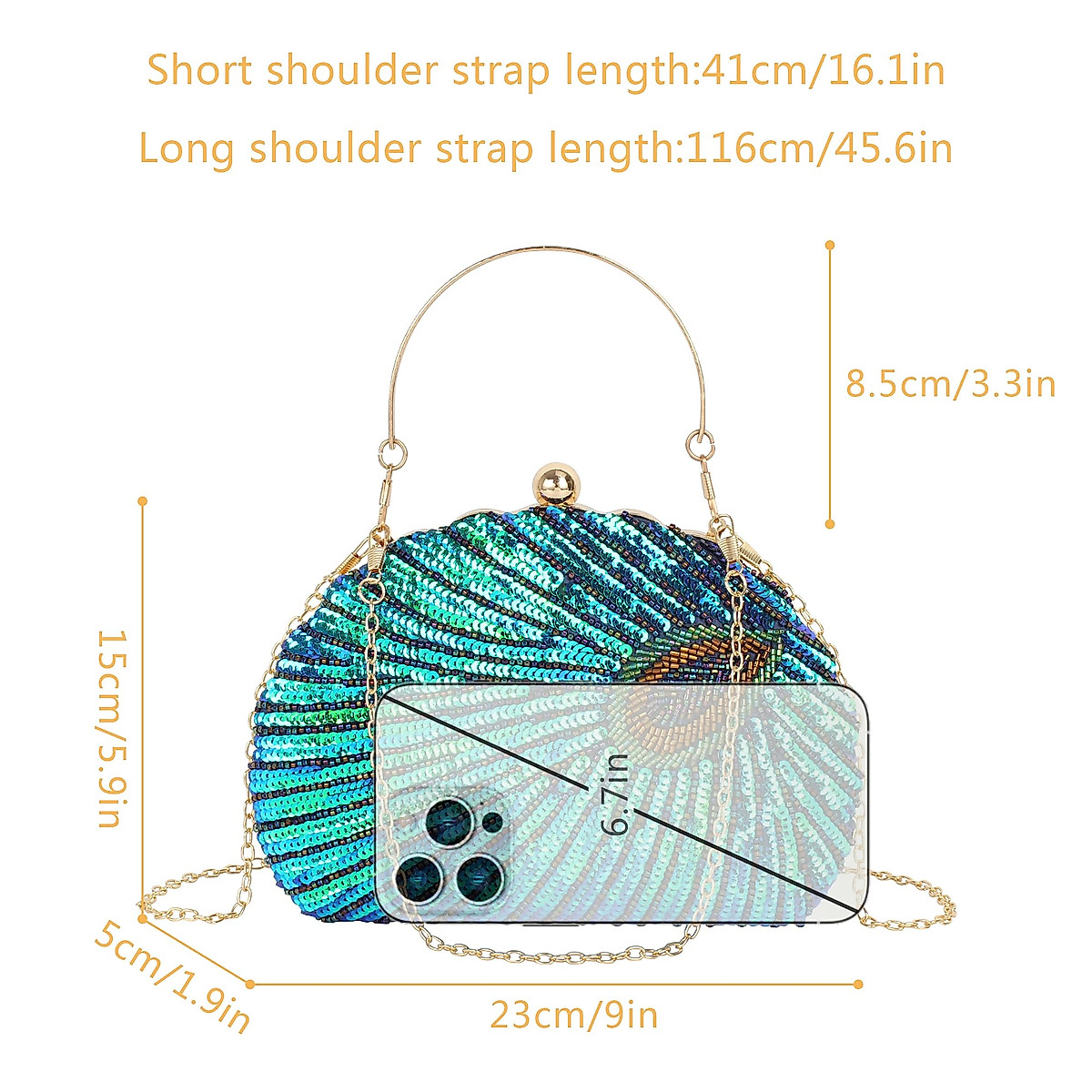 ZLM BAG US Beaded Sequins Seashell Evening Clutch Purse Mini Chain Crossbody Bag Peacock Shell Shoulder Bag