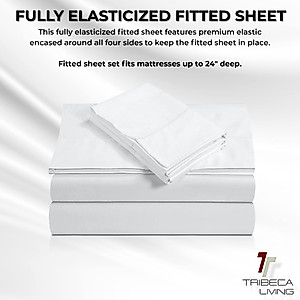 Tribeca Living Queen Bed Sheet Set, Soft Egyptian Cotton Sateen Solid Sheets and Pillowcase Set, Deep Pocket, 800 Thread Count, 4-Piece Luxury Bedding, White