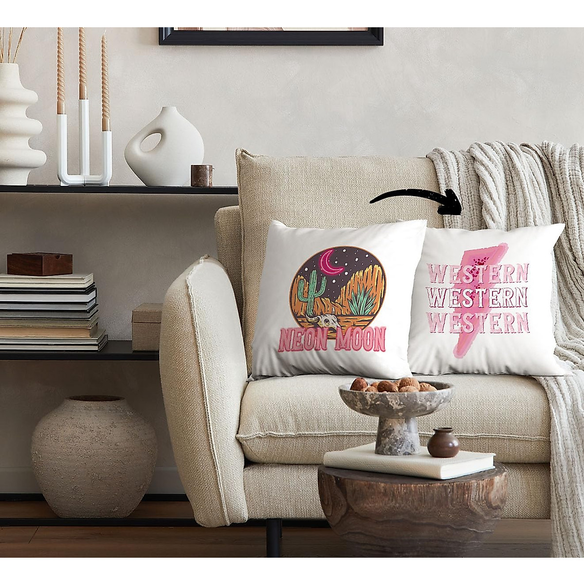 FLDAS Preppy Pillow Covers 18x18, Western Pillow Cases, Pink Western Decor, Western Gifts for Women, Western Preppy Neon Moon Cactus Desert Lightning Reversible Throw Pillow Covers