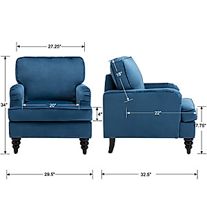 Kmax Accent Chair Velvet Modern Arm Sofa Chair Comfy Single Club Chair with Thick Cushion for Living Room Bedroom, Blue