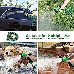 Coil Hose 25ft,EVA Recoil Garden Hose Brass Connector,Coiled Water Hose Lightweight and No Kink Includes 10 Patterns Spray Nozzle for Outdoors Lawn Watering,Car Washing Green