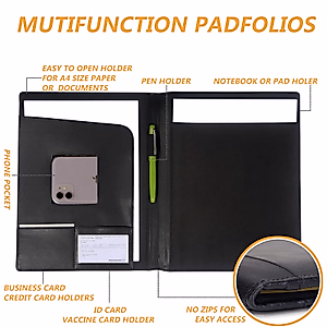 Leather Portfolio Folder Padfolio, Business Padfolio Organizer Document Planner Portfolio Binder Storage Pocket for Legal Pad Holder Paperwork Phone Men Women (Black)