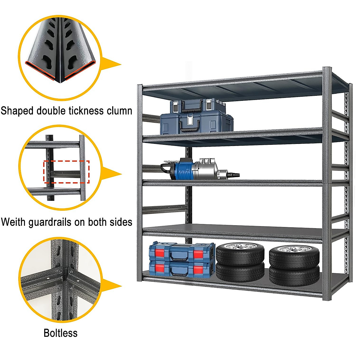 Sajanic Storage Shelves 5 Tier Heavy Duty Shelving, Boltless Metal Industrial Shelving with Guardrails, 2500LBS Garage Shelving for Storage Room, Warehouse, 18" D x 47.2" W x 72" H, Iron Black