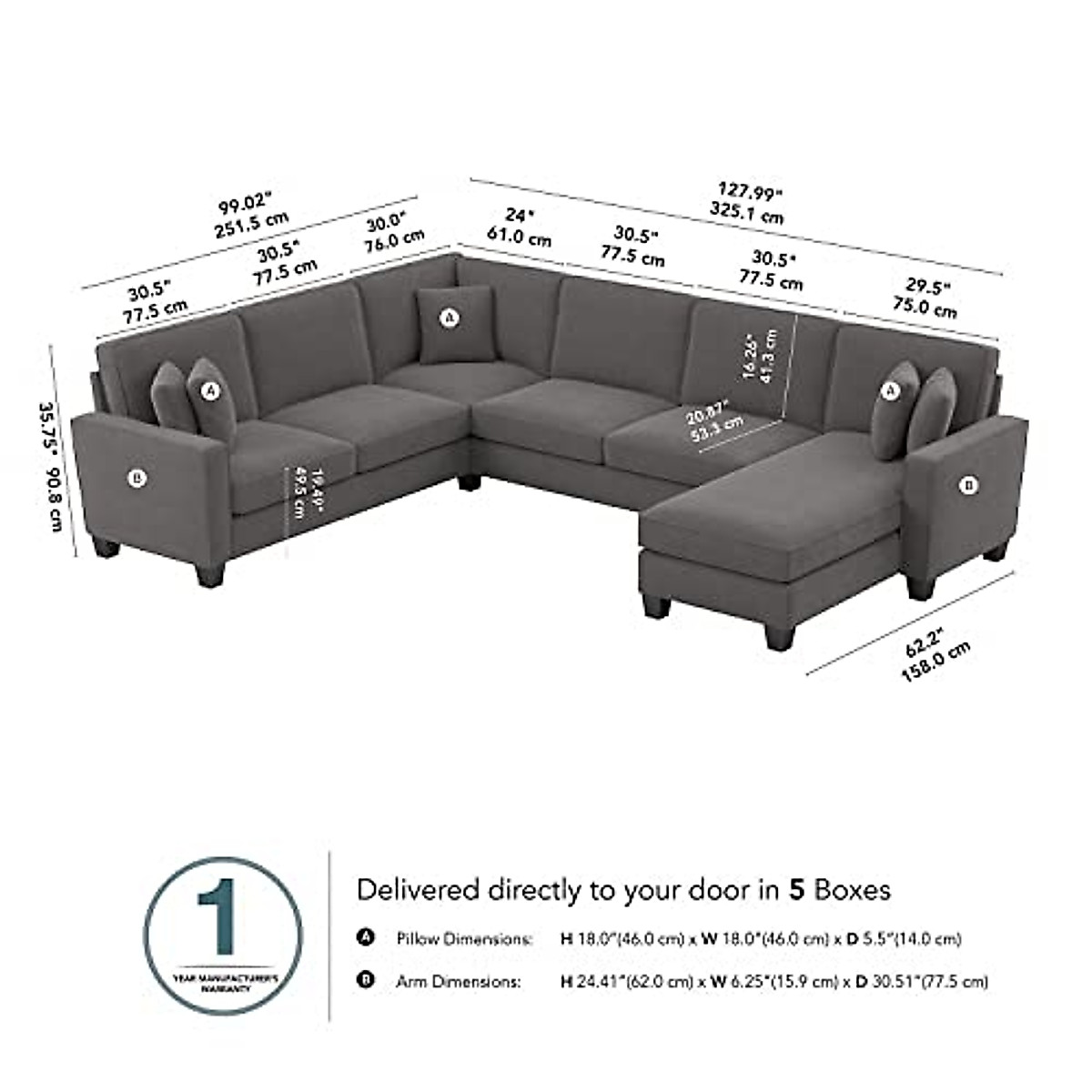 Bush Furniture Stockton U Shaped Sectional Couch with Reversible Chaise Lounge, 127W, French Gray Herringbone