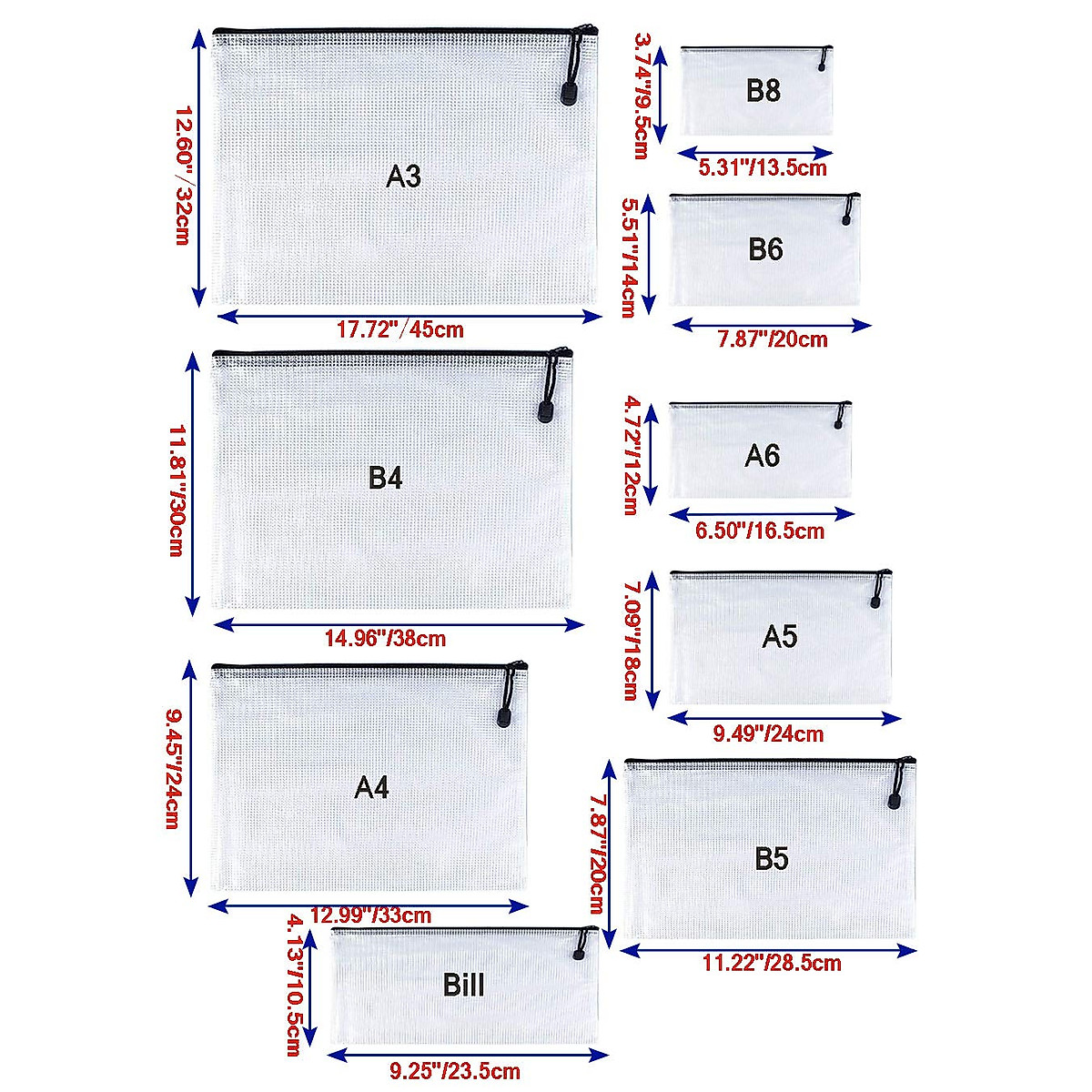 Oaimyy-(9 Sizes,18 Pack) -Plastic Mesh Zipper Pouch Document Folders Bag Zip File Folders for School Office,Travel,Organizing Storage-Black