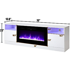 AMERLIFE TV Stand with Fireplace, LED Light Entertainment Center with 36" Electric Fireplace, 70" Modern Wood Entertainment Stand with Highlight Storage Cabinet for TVs up to 80", White & Black