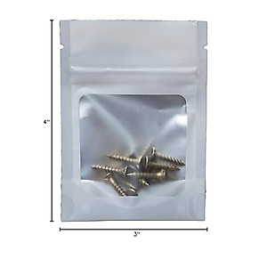 HANSER | Smell Proof Odorless Mylar Resealable Foil Pouch Bags with clear Window | Stand up bottom | Airtight | matte white | 100 Pieces | 3x4 inches