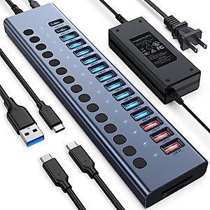 Powered USB Hub, VANGREE 17-Port 90W USB 3.0 Hub (10 USB 3.0 Ports+3 QC24W Fast Charging Ports+2 USB-C 3.0 Ports+SD/TF Card Reader), Individual On/Off Switches, 12V/7.5A Power Adapter for Laptop, PC
