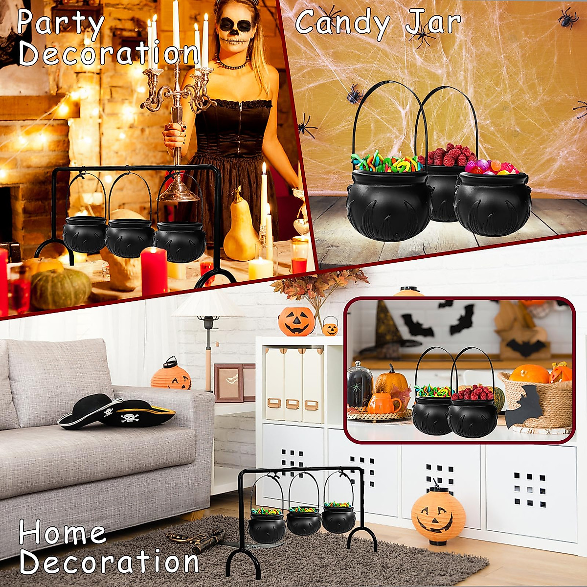 Zddaoole Halloween Cauldrons Serving Bowl Decor,Set of 3 Hanging Black Plastic Cauldron Bowls on Rack,Candy Punch Bowl Halloween Witches Cauldron for Home Kitchen Hocus Pocus Party Decorations Indoor