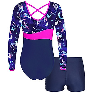 Nikiikoo Kids Girls 2Pcs Gymnastics Dance Outfits Long Sleeve Leotards with Shorts Athletic Biketards Unitards Fairy 4 Years