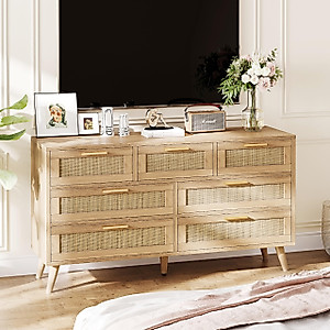 Rovaurx 7 Drawer Double Dresser for Bedroom, Rattan Chest of Dressers, Modern Wooden Dresser Chest with Golden Handles, Beside Table for Closet, Living Room and Entryway, Natural RDG004M