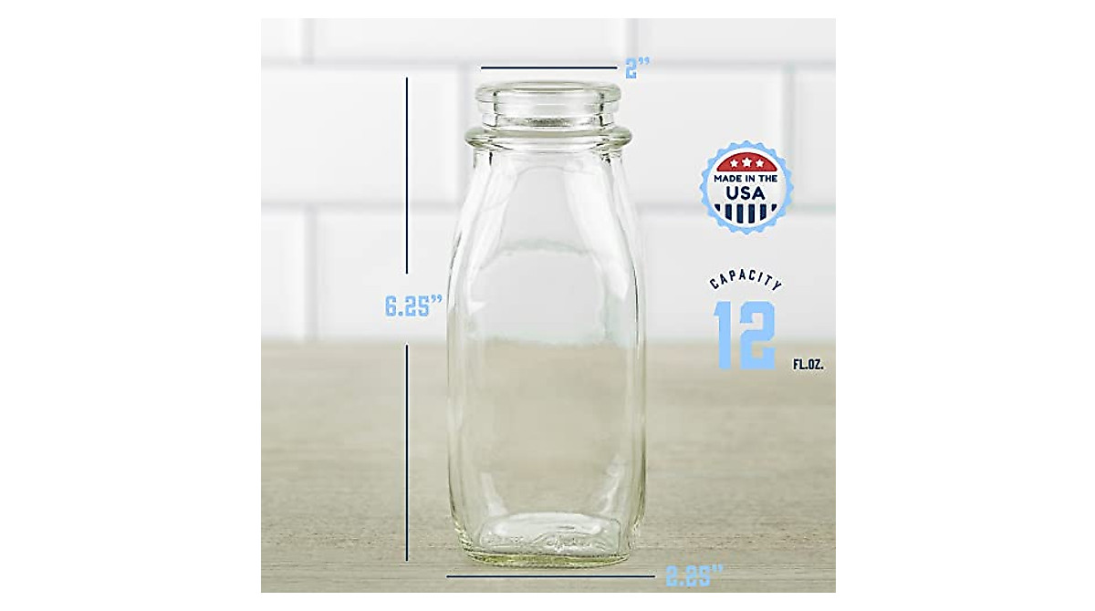 Kitchentoolz 12 Oz Square Glass Milk Bottle with Tamper-Proof Lid