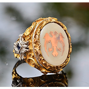 Men's Sterling Silver Ring - Pearl Stone - Signet Ring (Double Headed Eagle)