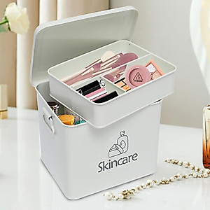 Xbopetda Skincare Organizers, 2-Tier Bathroom Counter Organizer, Metal Makeup Organizer for Vanity, Cosmetic Skincare Storage Box with Removable Tray, Ideal for Bedroom, Vanity & Bathroom - White