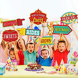 KATUMO Carnival Decorations, 11 Pcs Large Circus Carnival Signs Circus Theme Party Signs Carnival Party Supply Decor Paper Cutouts with Glue Point Dots and 2 Ropes