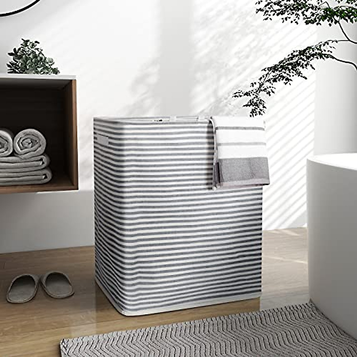 WOWLIVE 115L Freestanding Laundry Hamper Divided Collapsible Large Laundry Basket 2 Removeable Liner Bags Dirty Clothes Hamper with Extended Handles Easy to Carry (Striped Grey)