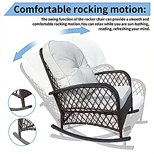 LoochMee PE White Rattan Rocker Chair,Garden Patio Wicker Rocking Chair/Furniture Sets with White Cushion,Modern Style for Outdoor&Indoor,Comfy Rocking Motion (White)