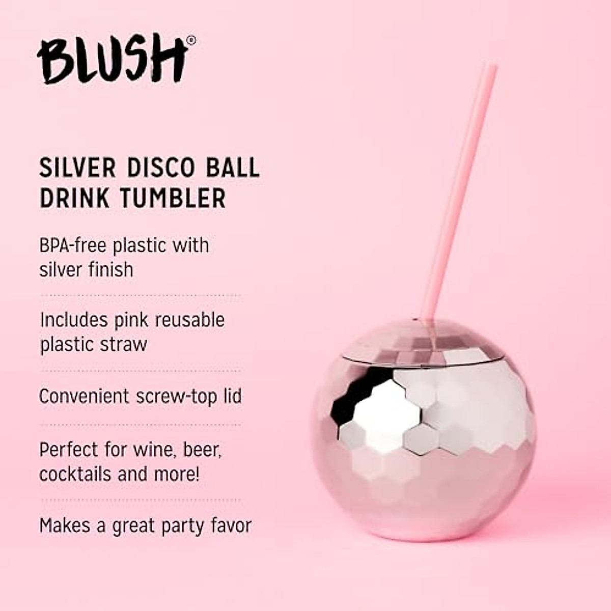 Blush Silver Disco Ball Cup with Straws for Parties - 16 Ounce Cute Sparkly Glitter Cocktail Disco Ball Drink Tumbler, Party Supplies