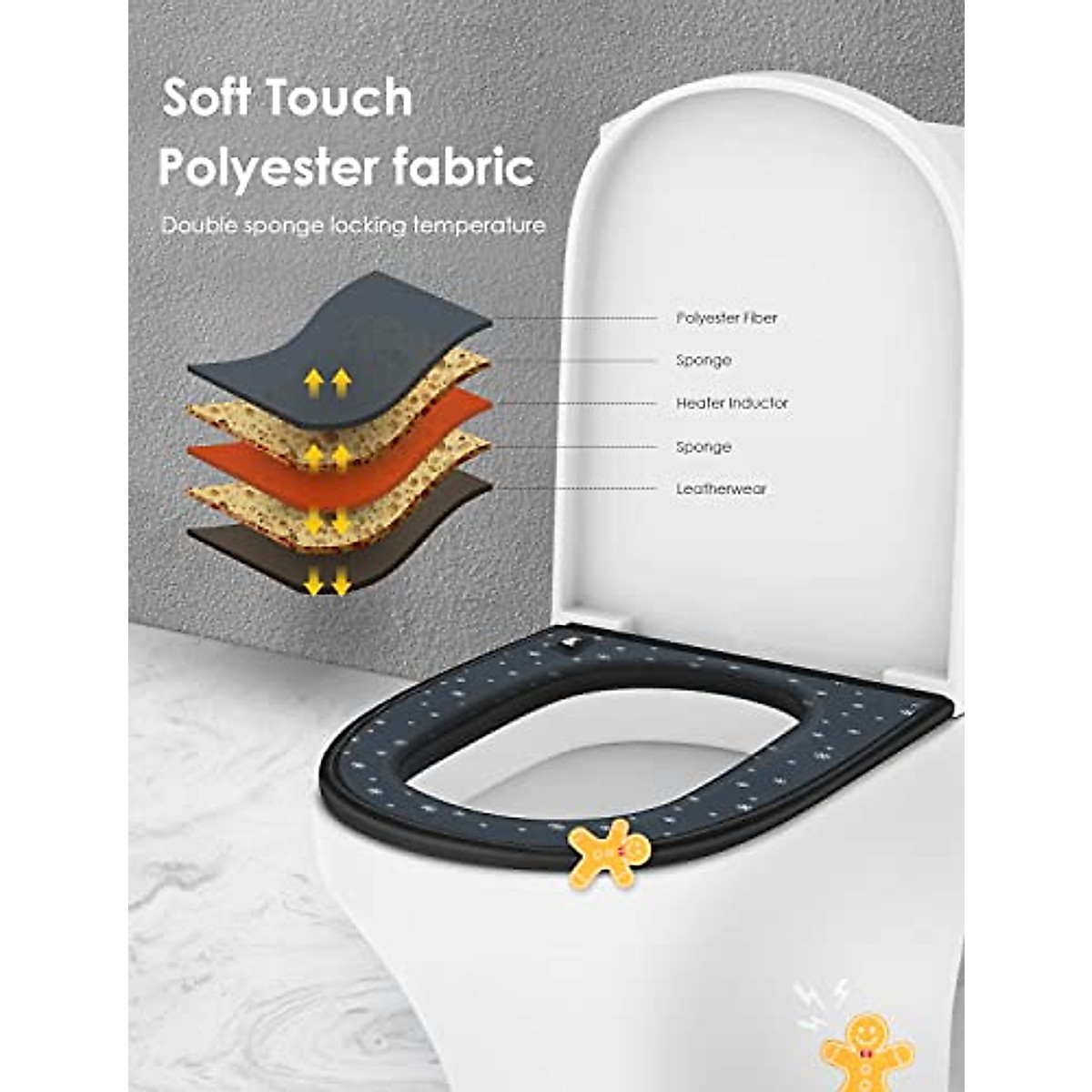 Heated Toilet Seat Cover - LIPSUN Electric Heated Toilet Cushion Washable, 2 Levels Fast Heating/Constant Temperature, Toilet Seat Warmver for Round Shape Toilet, Gift for Winter & Christmas