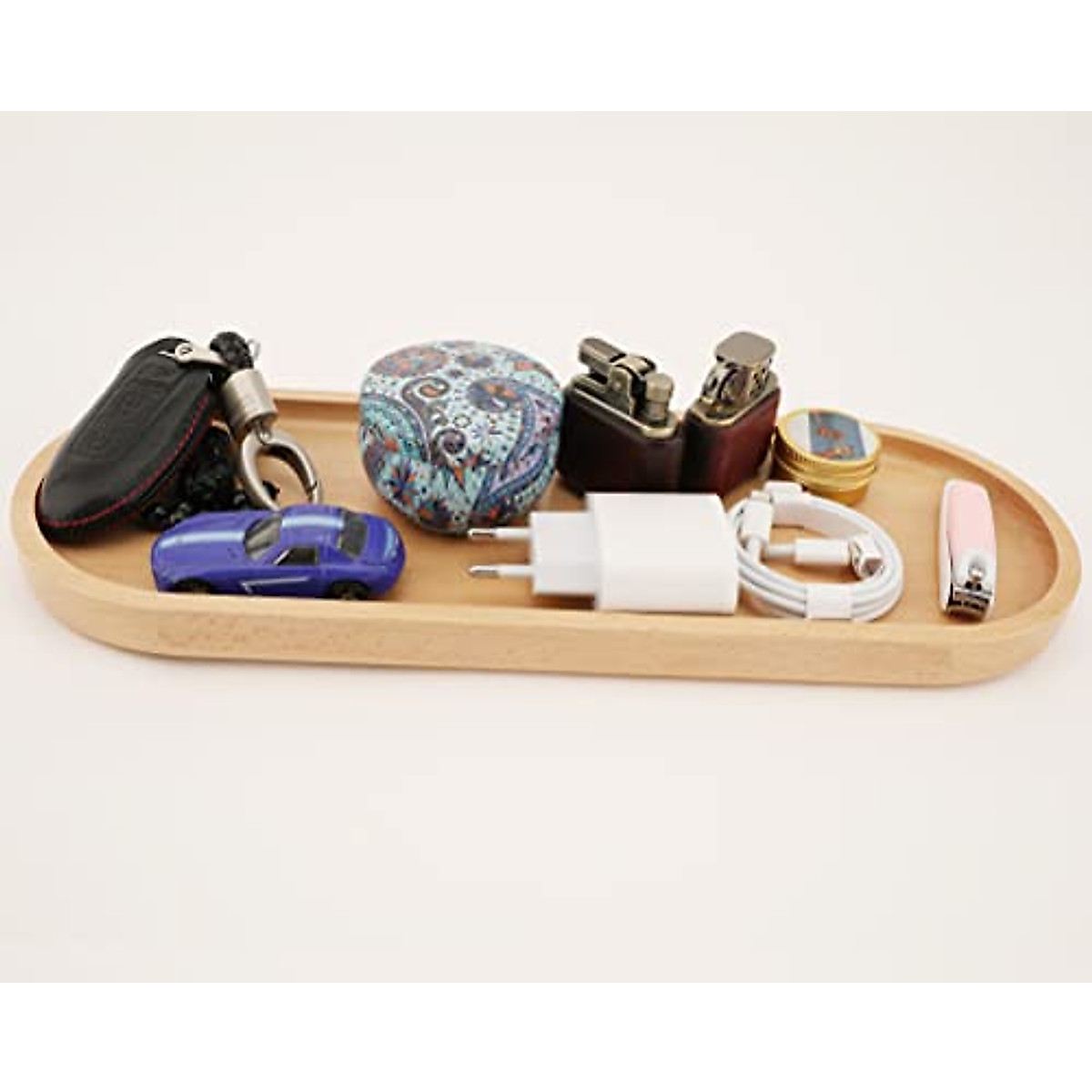 Fermus Wooden Tray 12.5 Inch Long Jewelry Dish Cosmetics Organizer Bathroom Clutter Wood Decorative Serving Platter Small Storage Tray, Oval