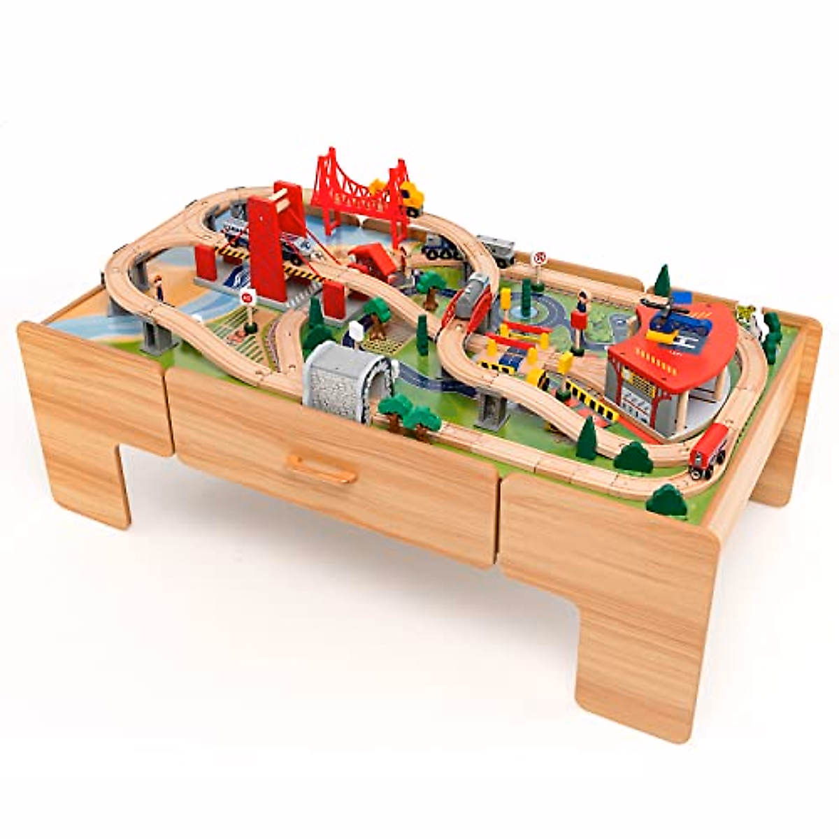 HONEY JOY Train Table, Wooden Kids Activity Table with Storage, 100 Multicolor Pieces, Tracks, Trains, Cars, Toddler Train Table Set with Reversible Tabletop, Gift for Boys Girls Age 3+, Natural