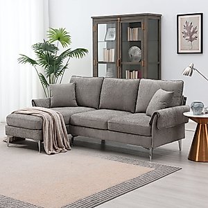 KoiHome 84" Convertible Sectional 2 Pillows, Modern Chenille L-Shaped Couch with Reversible Chaise Lounge, 3-Seater Sleeper Sofa, Fit for Living Room,Office,Apartment, Polyester, Grey