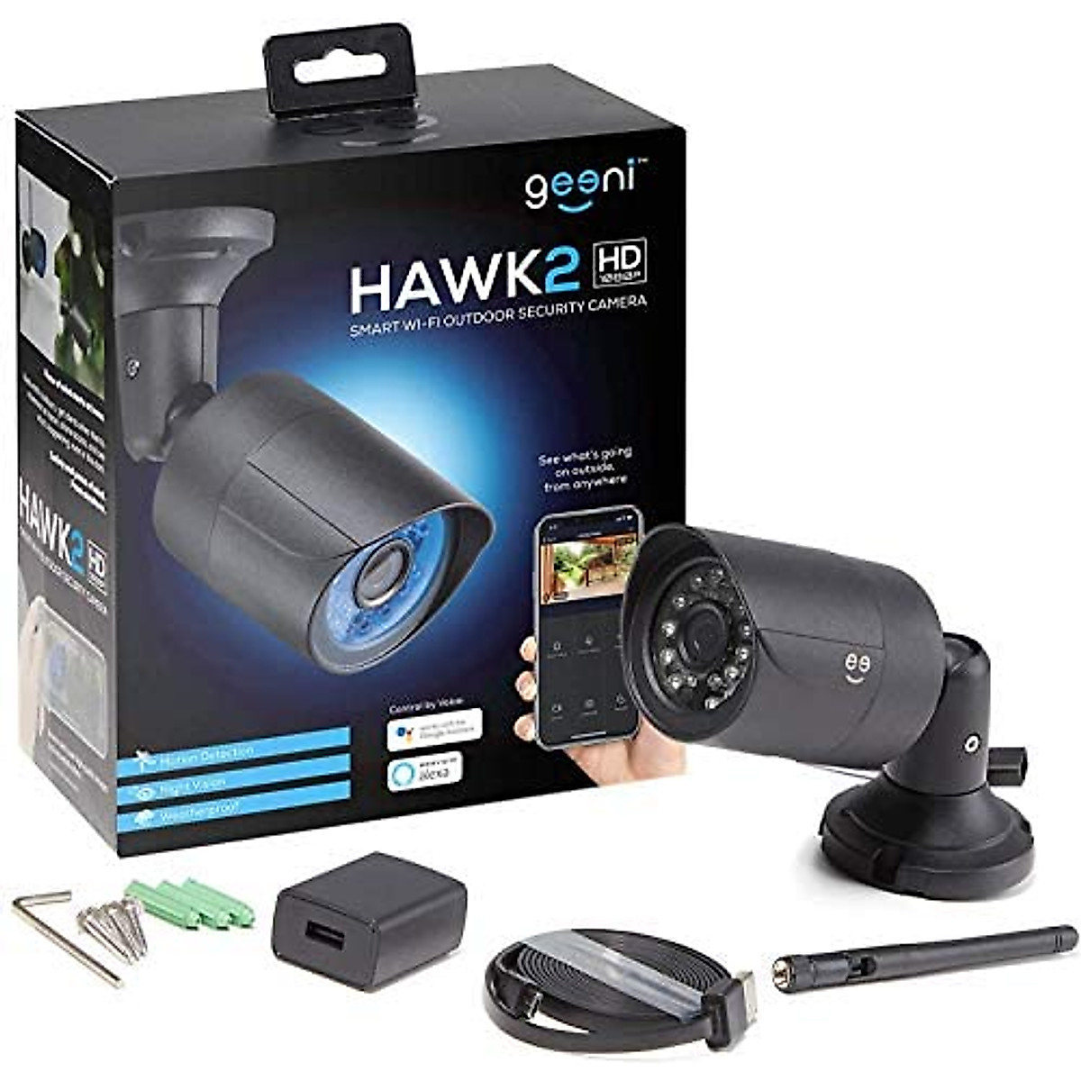 Geeni HD Hawk 2 1080p Outdoor Security Camera, IP66 Weatherproof WiFi Surveillance with Night Vision and Motion Detection, Compatible with Alexa and Google Home, No Hub Required (Black)