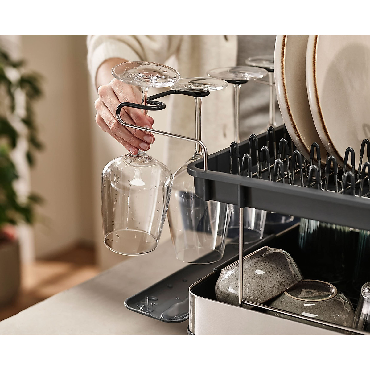 Joseph Joseph Dish Drying Rack with Wine Glass Holder - Space-Saving 2-Tier Design with Fast Draining System