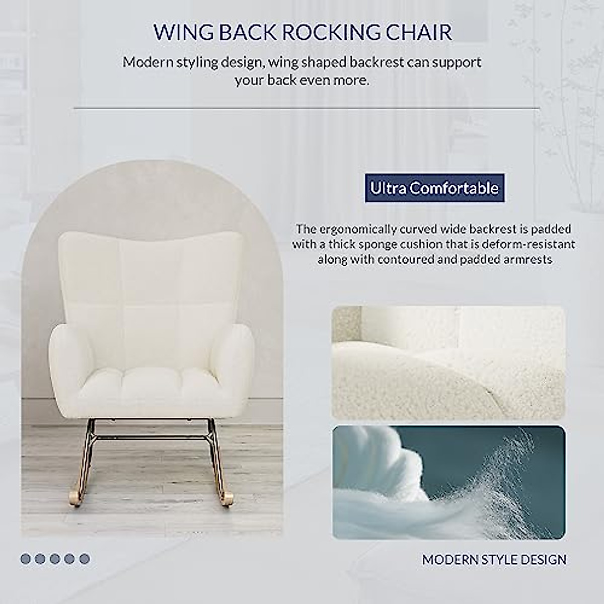 BELLEZE Rocking Chair, Nursery Chair Upholstered Glider Chair with Cushioned Back and Armrests, Wide Seat Rocker Chair for Bedroom, Nursery Room, Living Room, Office, Guest Room (Lucy - White)